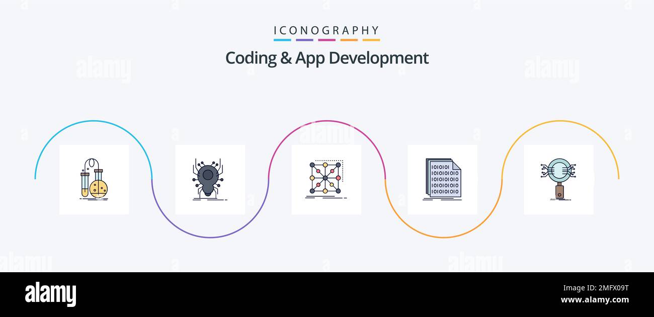 Coding And App Development Line Filled Flat 5 Icon Pack Including Code Complex Spider Cluster