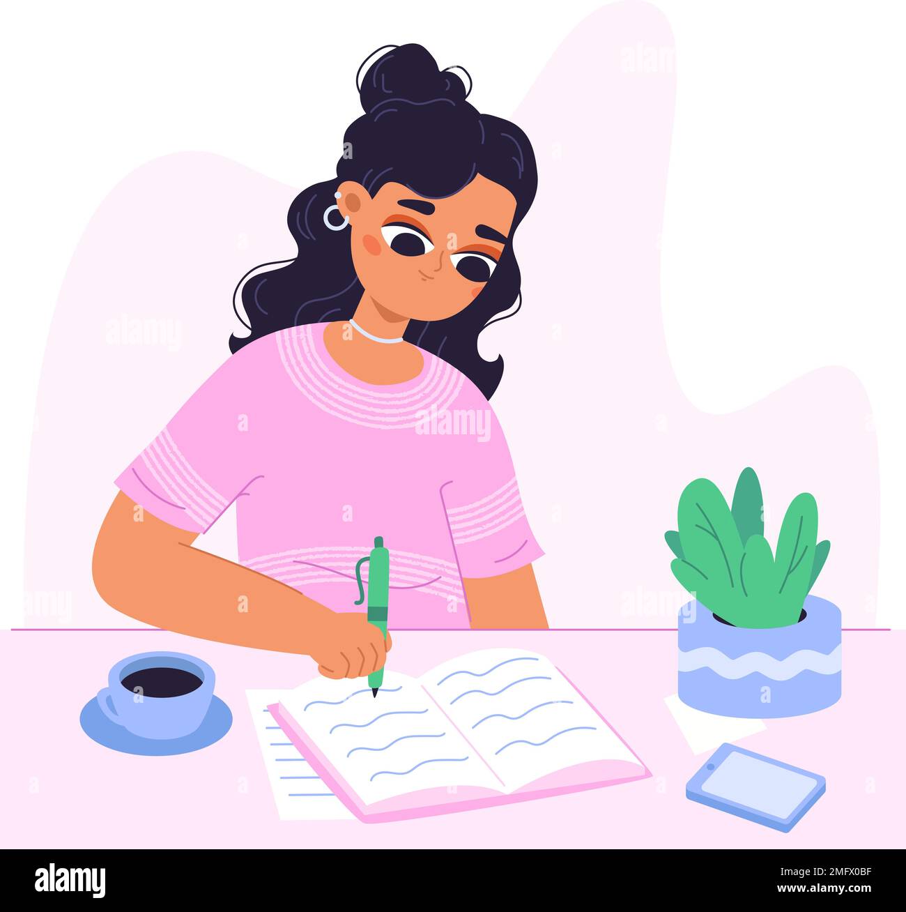 Young girl write diary, cartoon author with notepad. Cute female ...