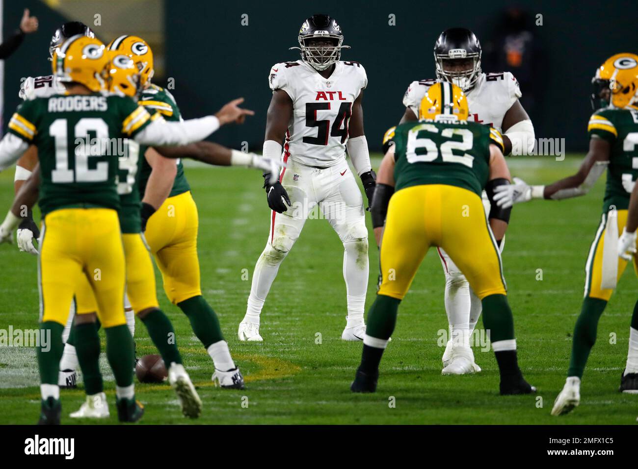 Atlanta Falcons linebacker Foye Oluokun (54) lines up against the Green ...