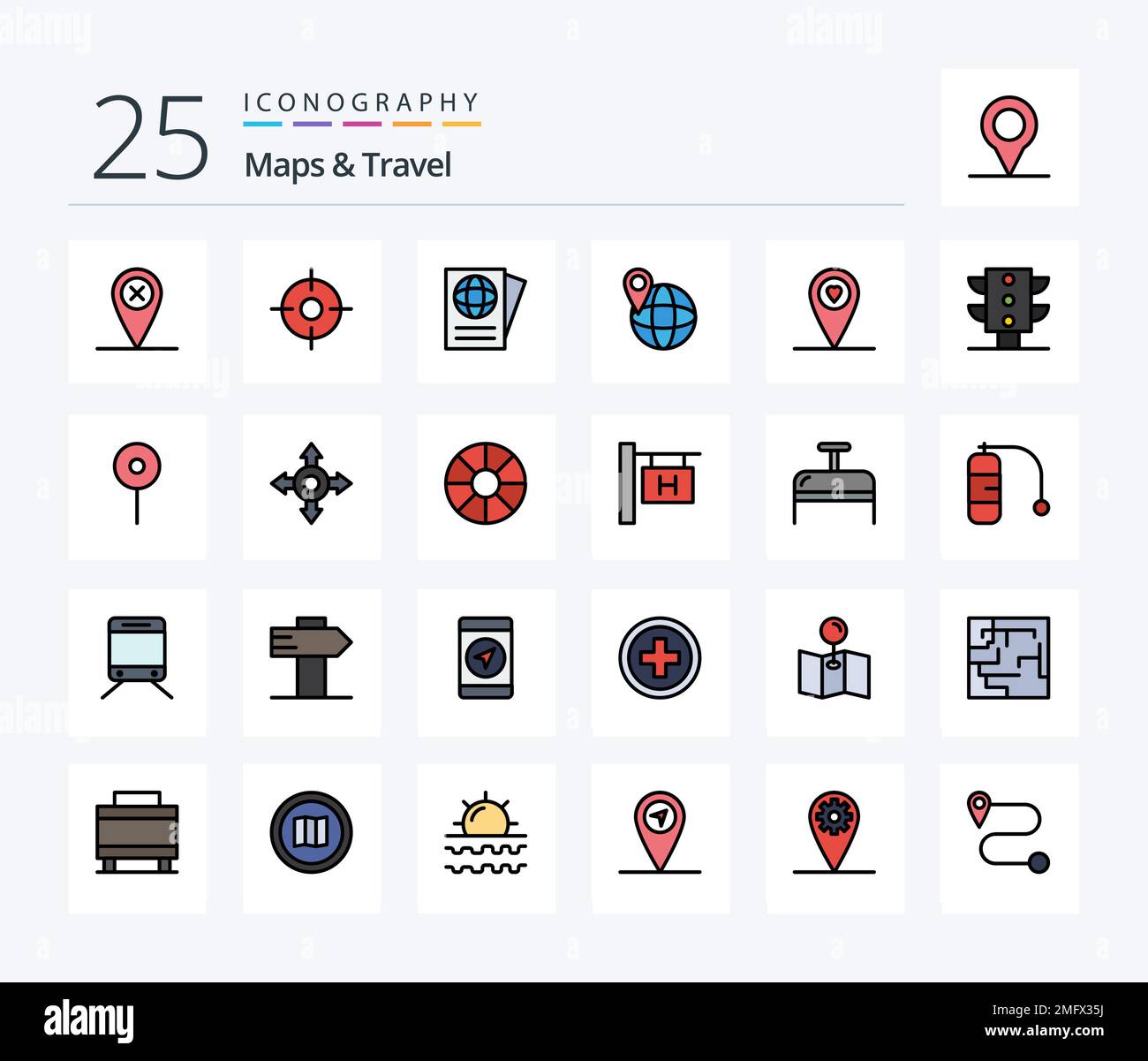 Maps & Travel 25 Line Filled icon pack including location. maps. travel ...