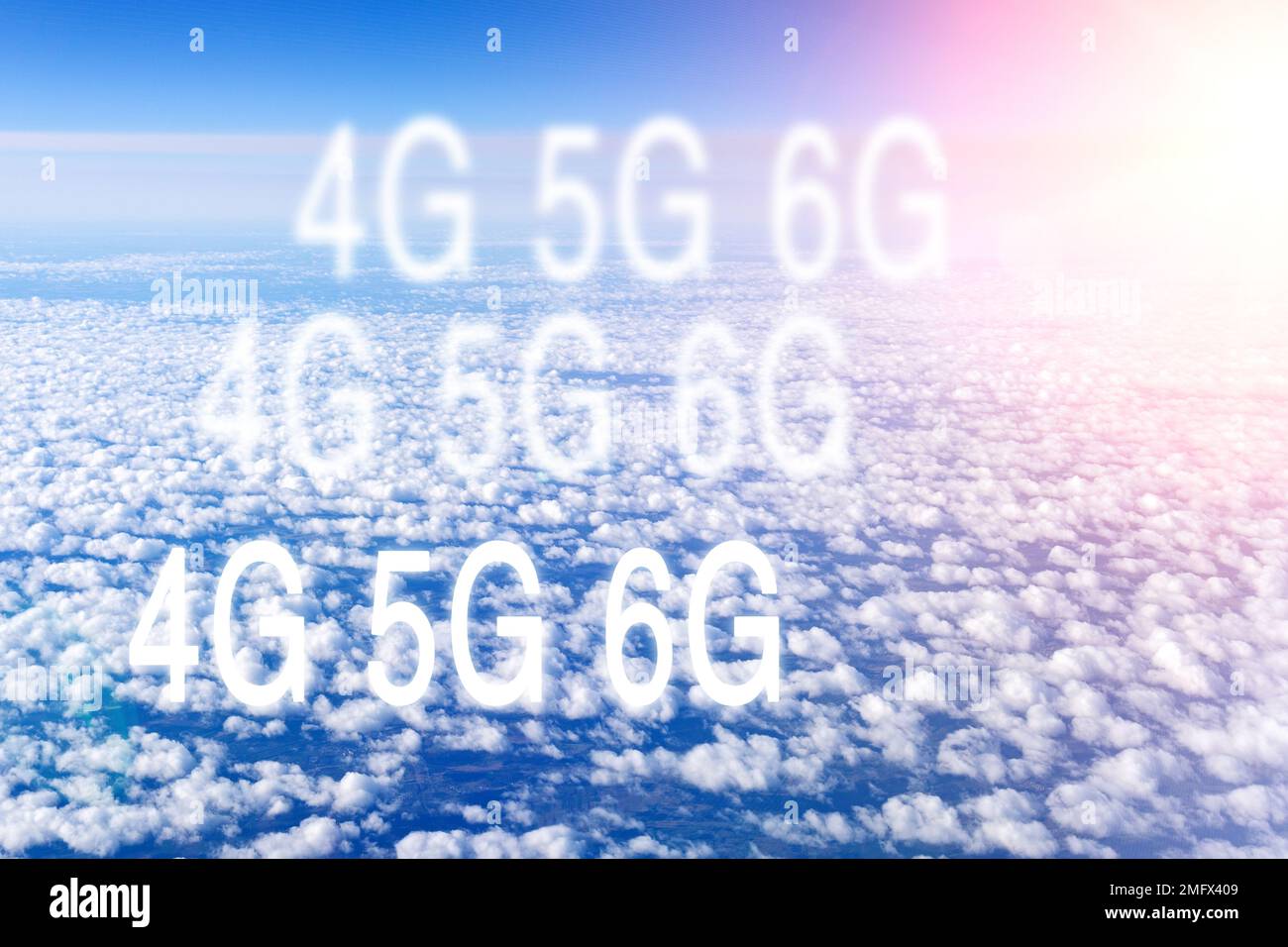 World 4G 5G 6G speed telecommunications. Technology symbol on blue sky background Stock Photo ...