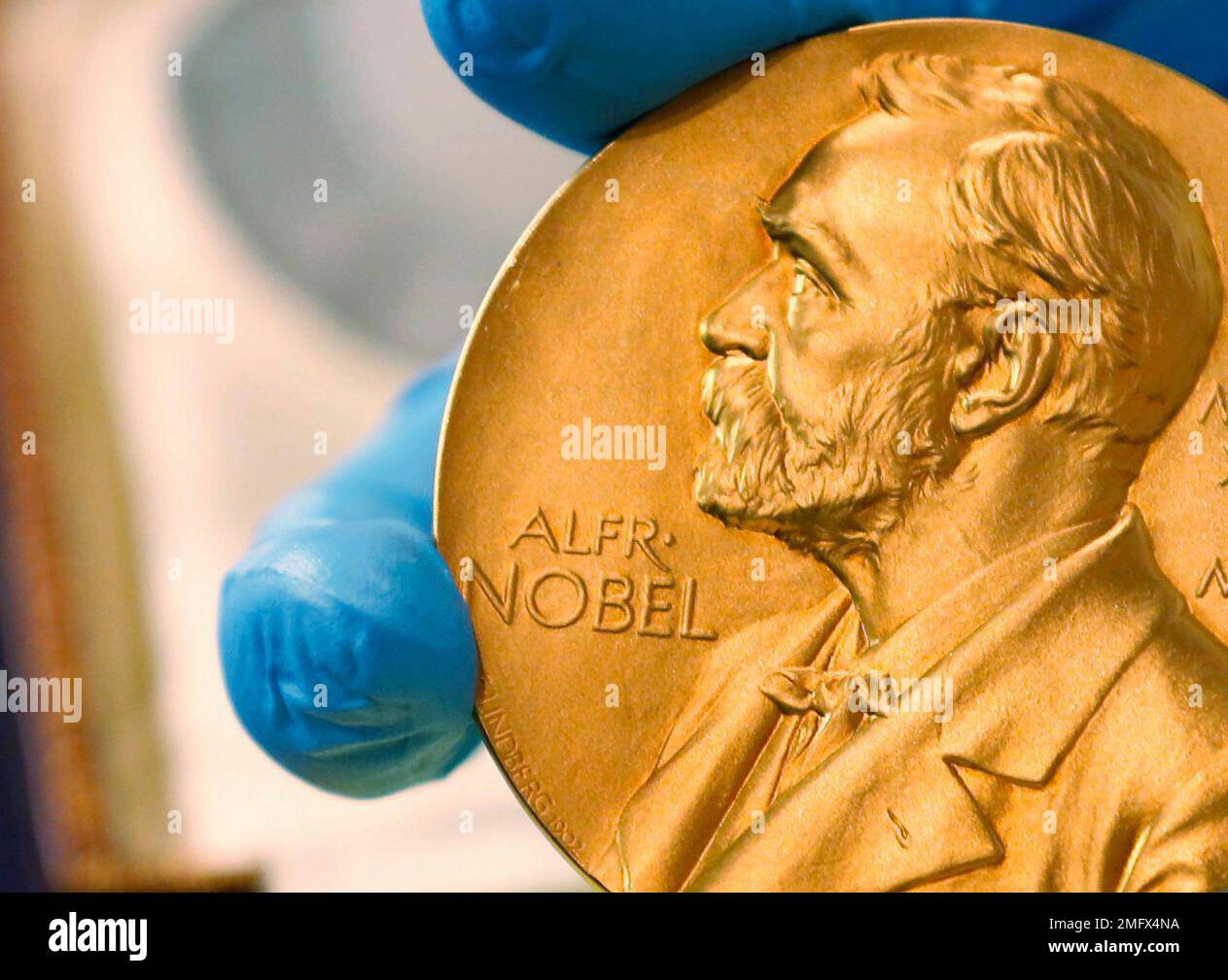 FILE - In this April 17, 2015 file photo shows a gold Nobel Prize medal ...