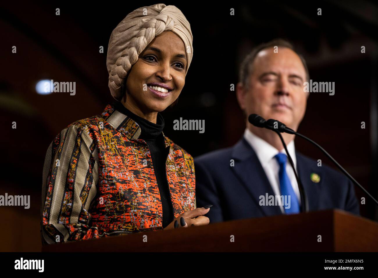 US Representative Ilhan Omar (D-MN) speaks during a press conference ...