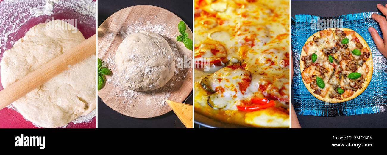 Collage with different types of pizza, texture, background. Food banner ...