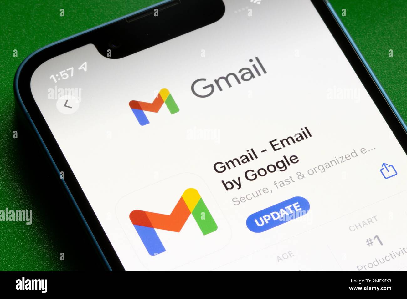 Gmail app is seen in the App Store on an iPhone. Gmail is a free email service provided by ...