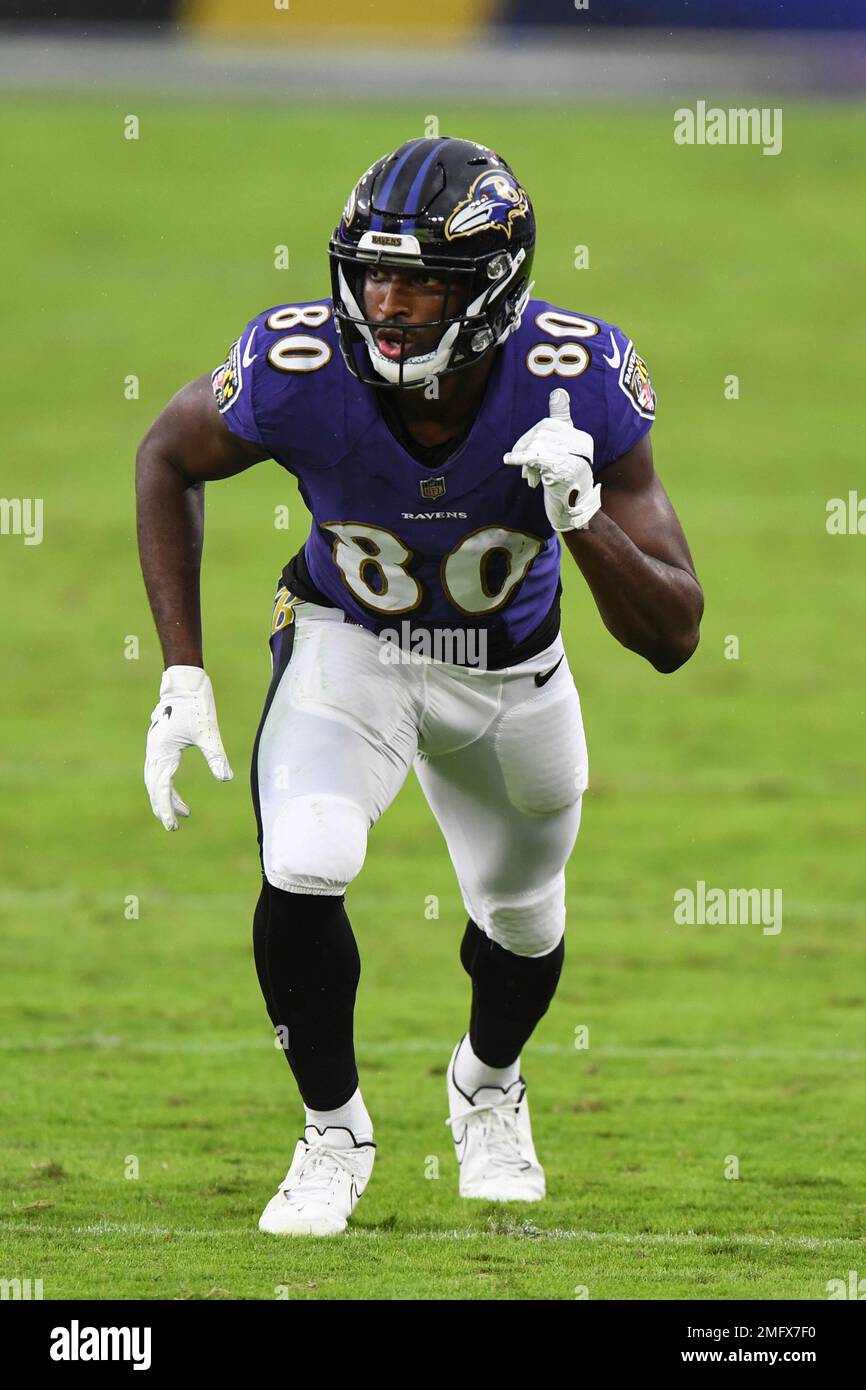 Baltimore Ravens wide receiver Miles Boykin (80) runs a route during ...