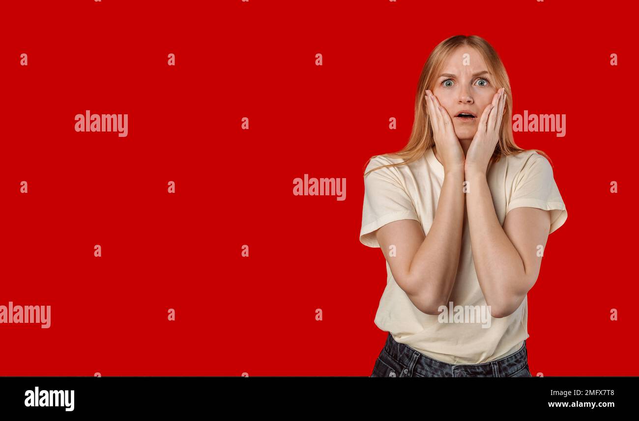 Shocked concerned young Caucasian girl look empathy camera, gasping ...