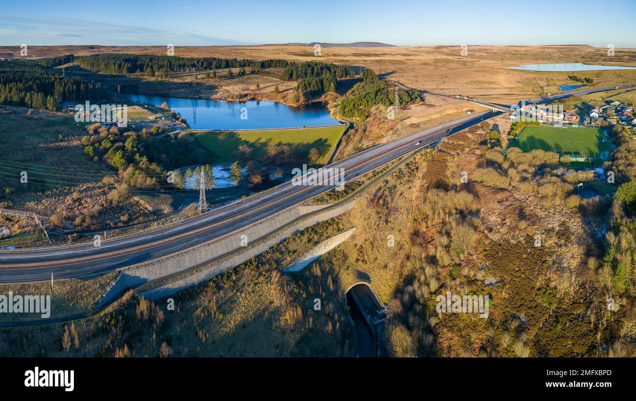 Aerial view of the A465 "Heads of the Valleys" road in South Wales, UK ...