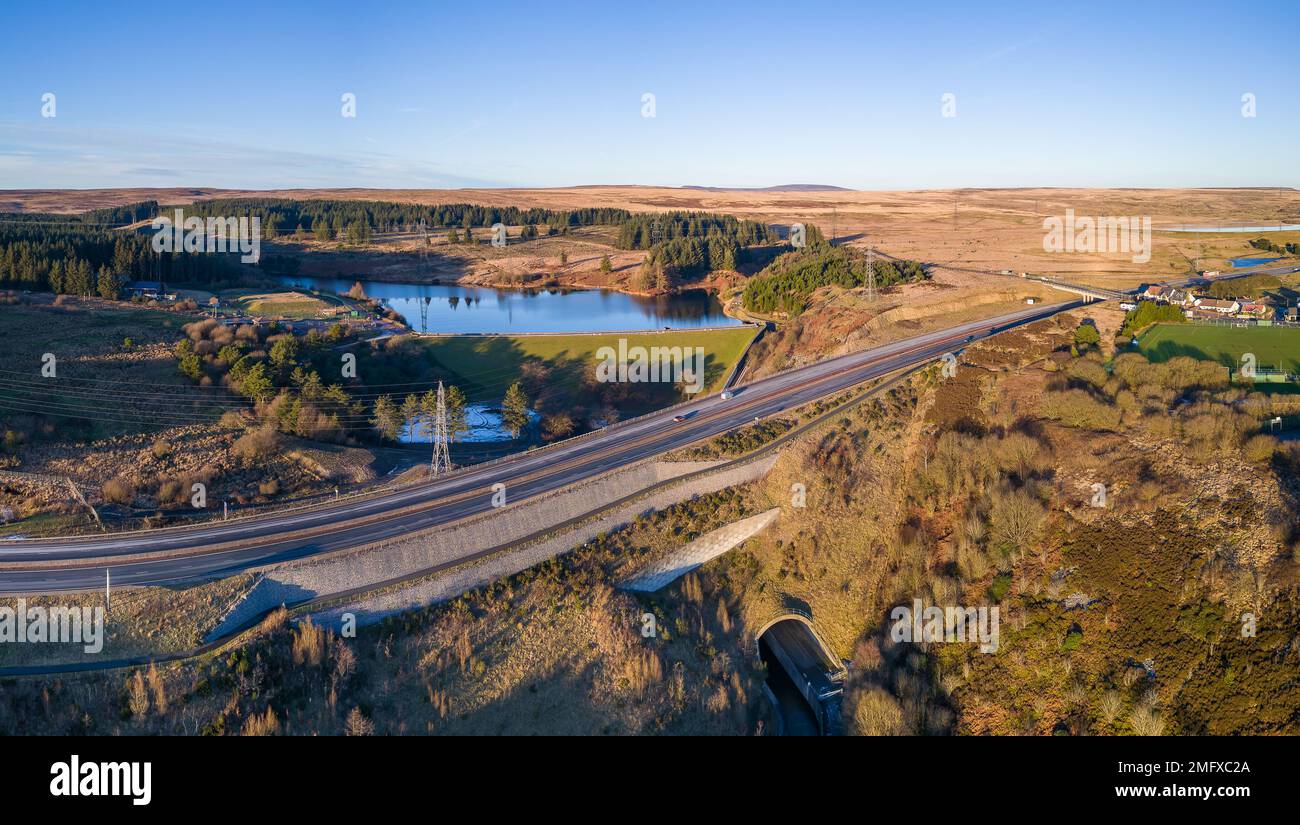 Aerial view of the A465 "Heads of the Valleys" road in South Wales, UK ...