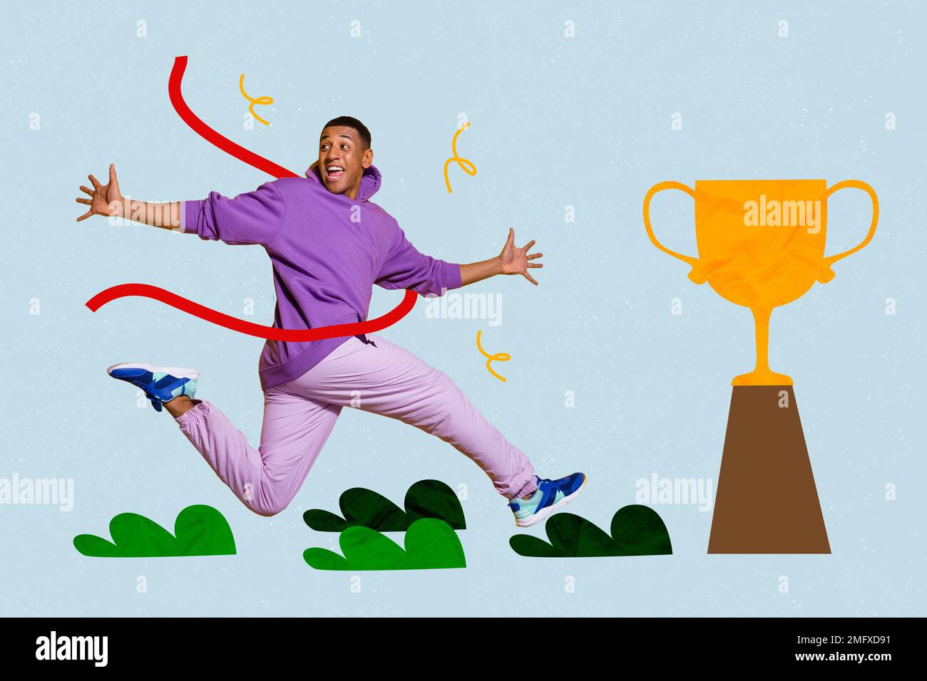 Creative collage portrait of sporty excited guy running cross finish ...