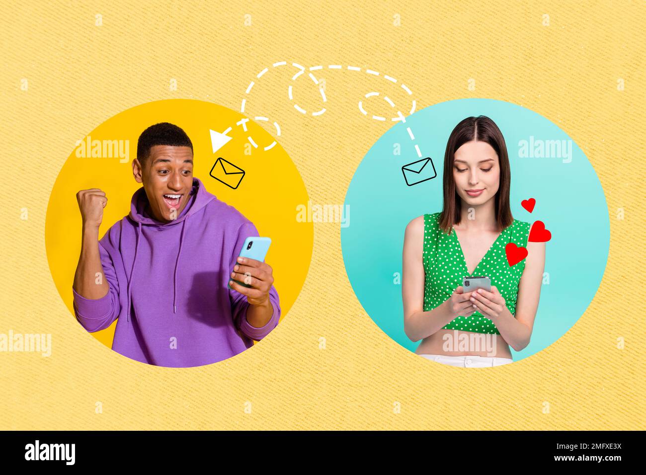 Creative collage image of two people hold telephone chatting ...