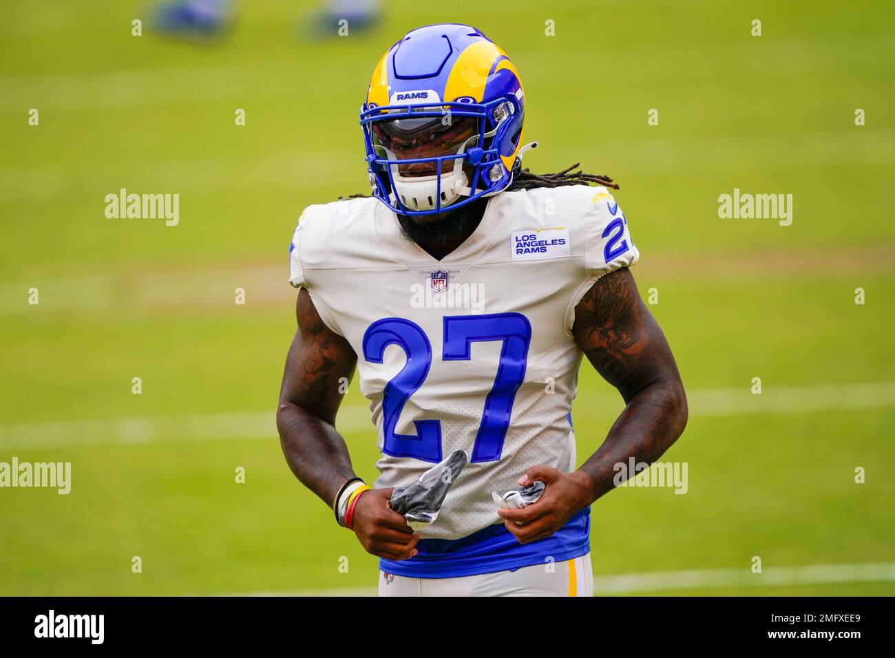 Los Angeles Rams' Darrell Henderson warms up before an NFL football ...