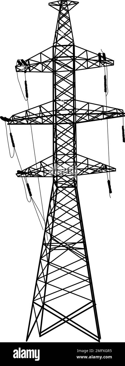 Silhouette of high voltage power lines on a white background Stock ...