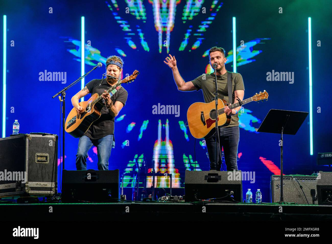 Zack Mack, left, and J.R. Moore perform at a drive-in concert on ...