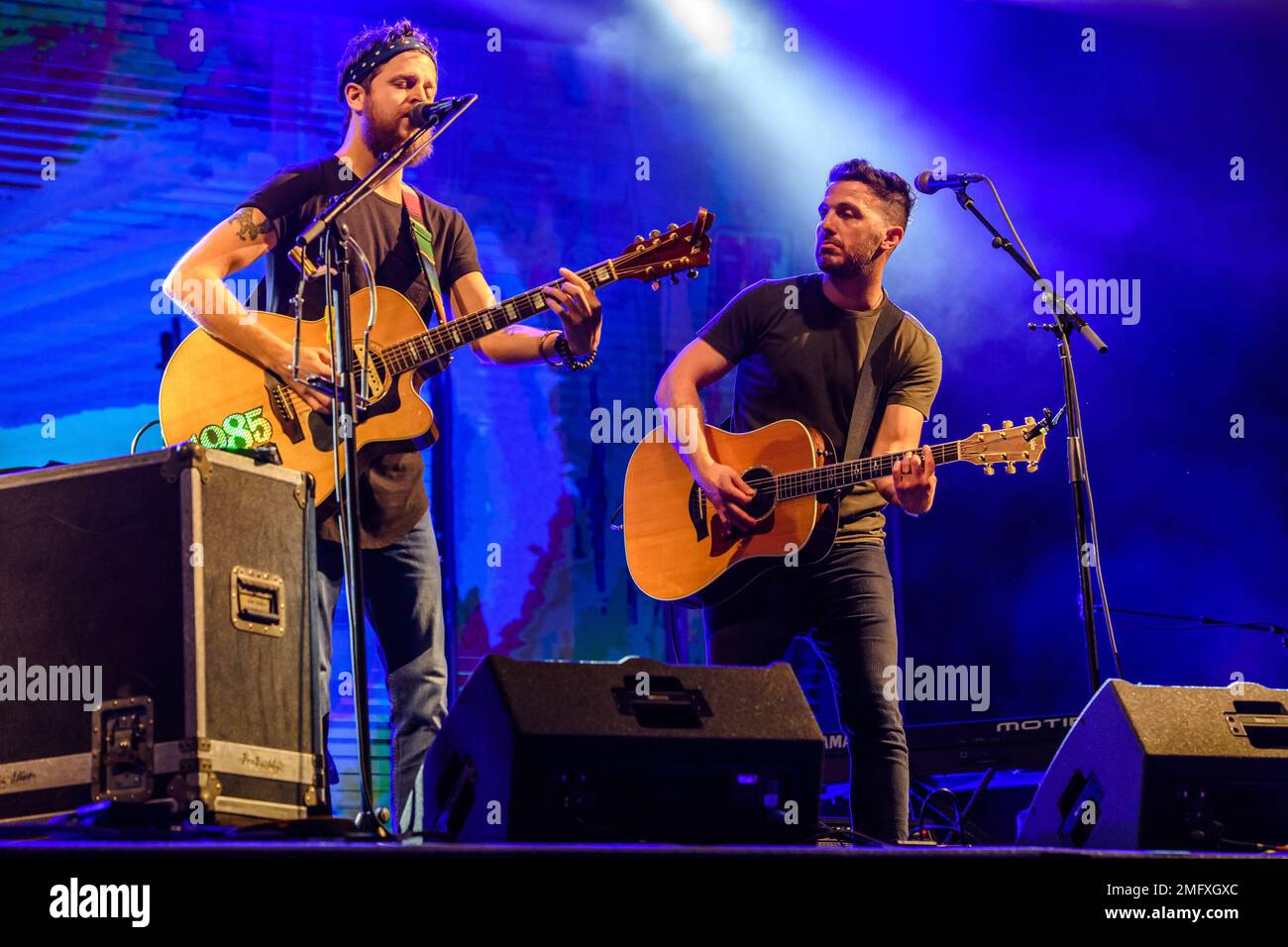 Zack Mack, left, and J.R. Moore perform at a drive-in concert on ...