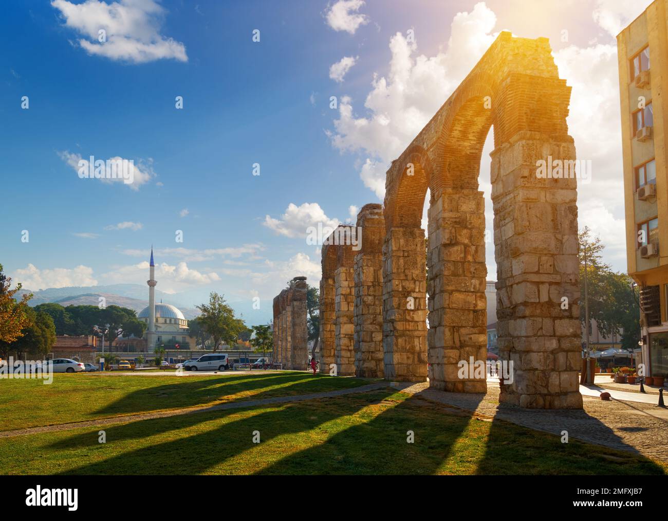 Ancient Byzantine aqueduct against a bright sunny sky in Selcuk city ...