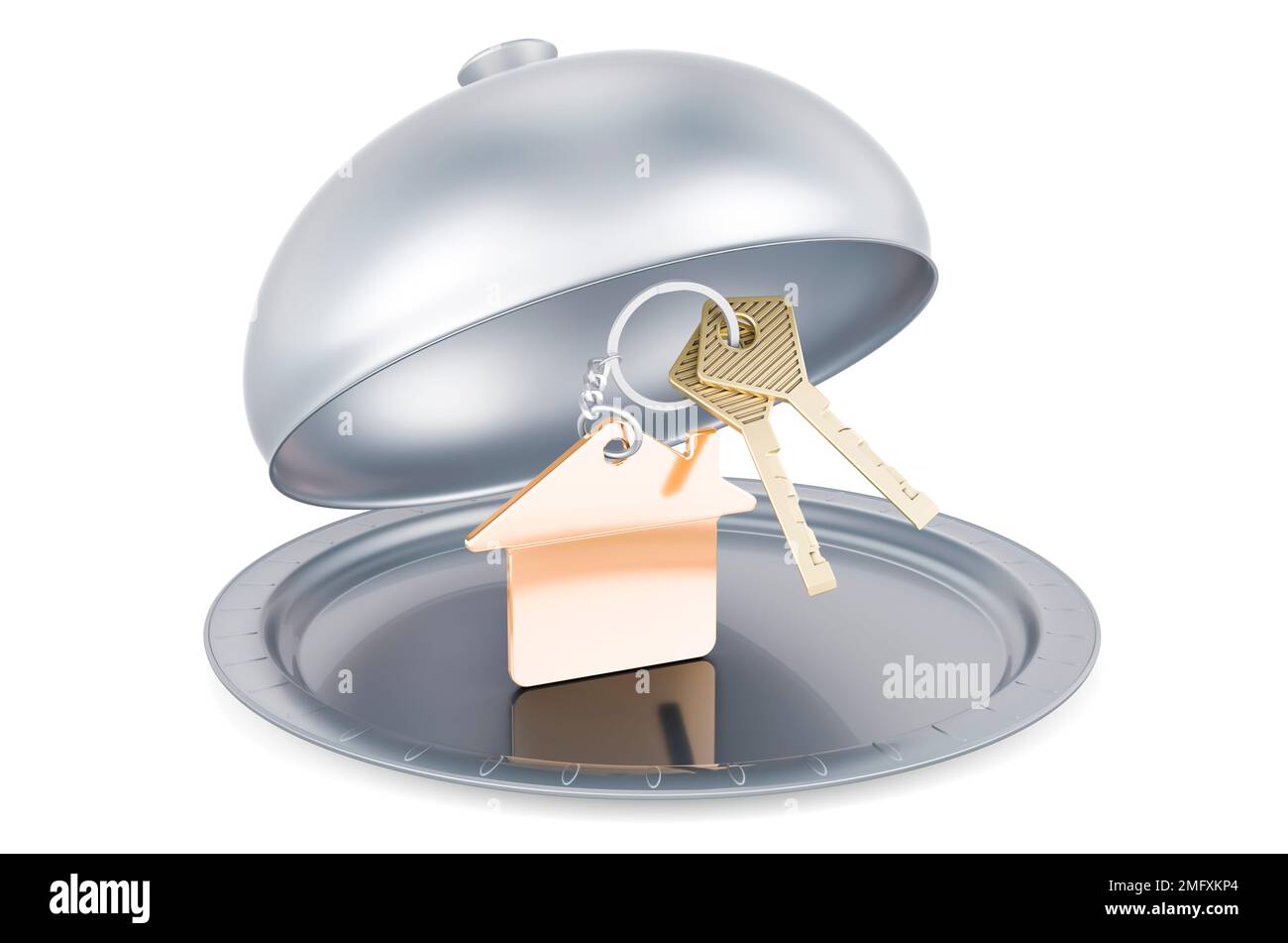 Restaurant cloche with home key with keychain, 3D rendering isolated on ...