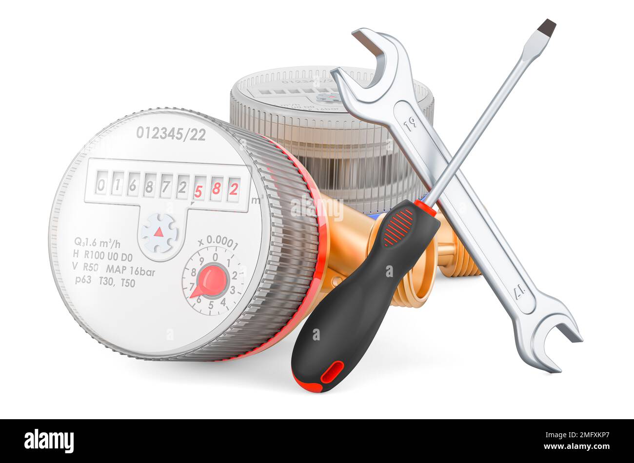 Cold and hot water meters with screwdriver and wrench, 3D rendering ...