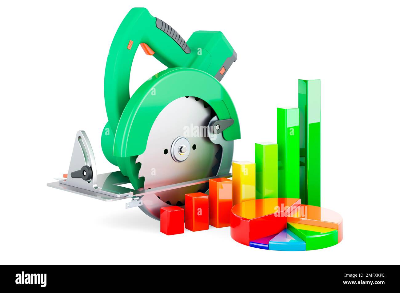 Circular saw with growth bar graph and pie chart. 3D rendering isolated ...