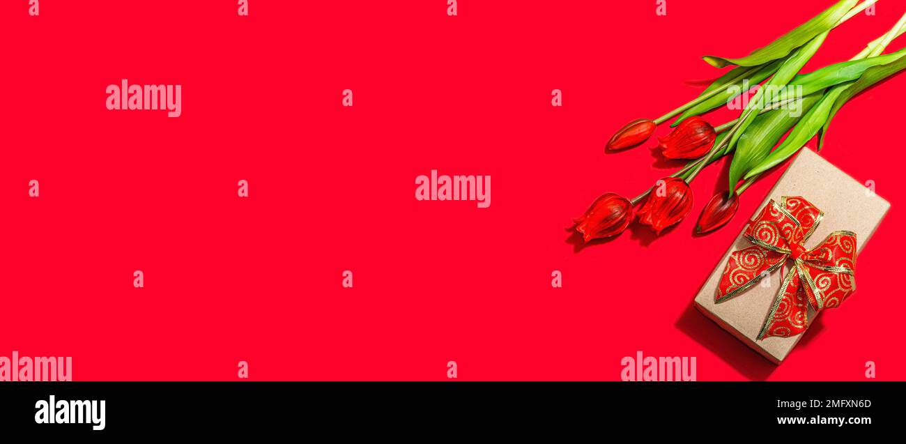 Valentine Day gift concept. Romantic red background with bright tulips ...