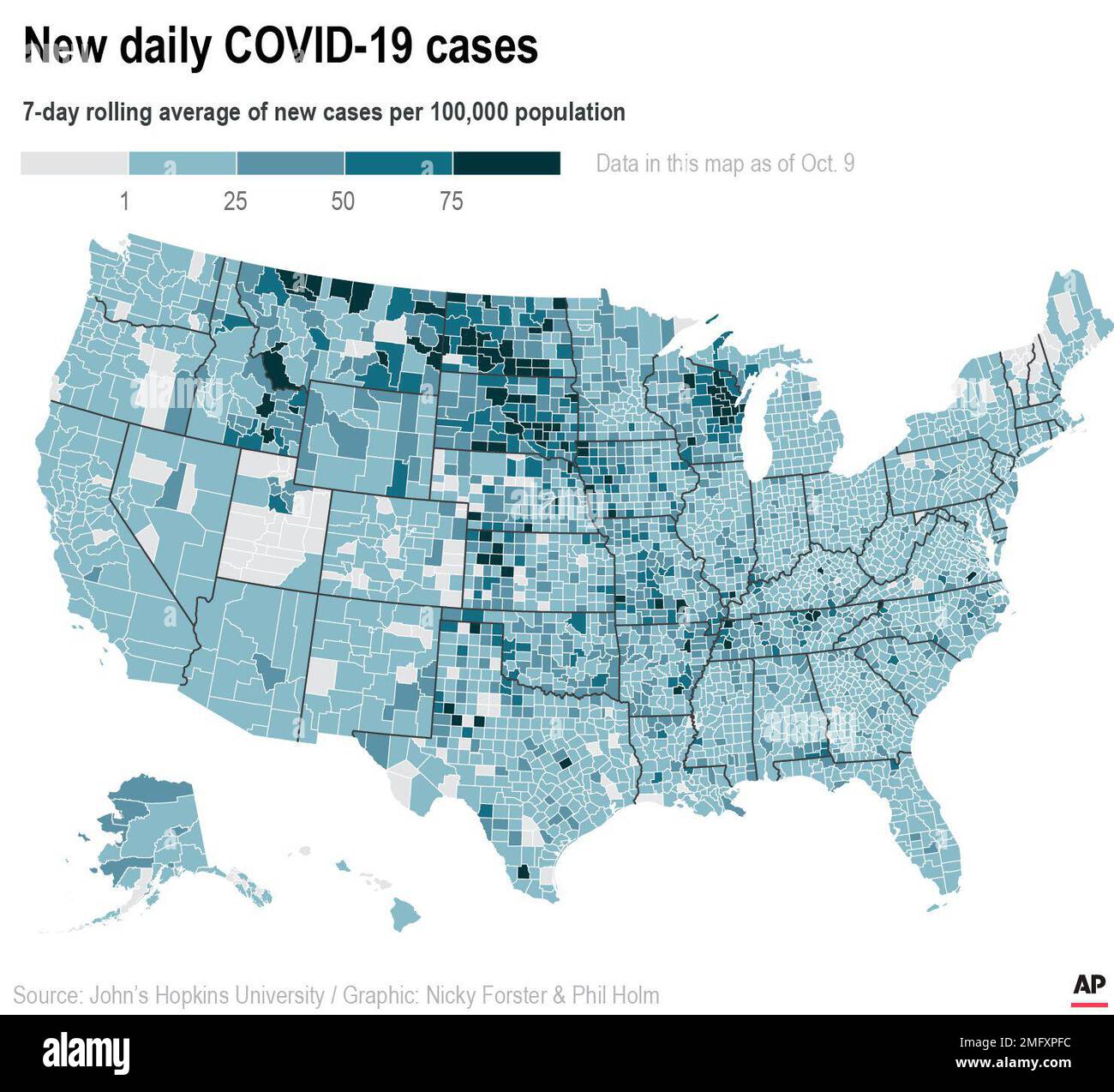 U.S. county map shows the 7-day rolling average for new cases of COVID ...
