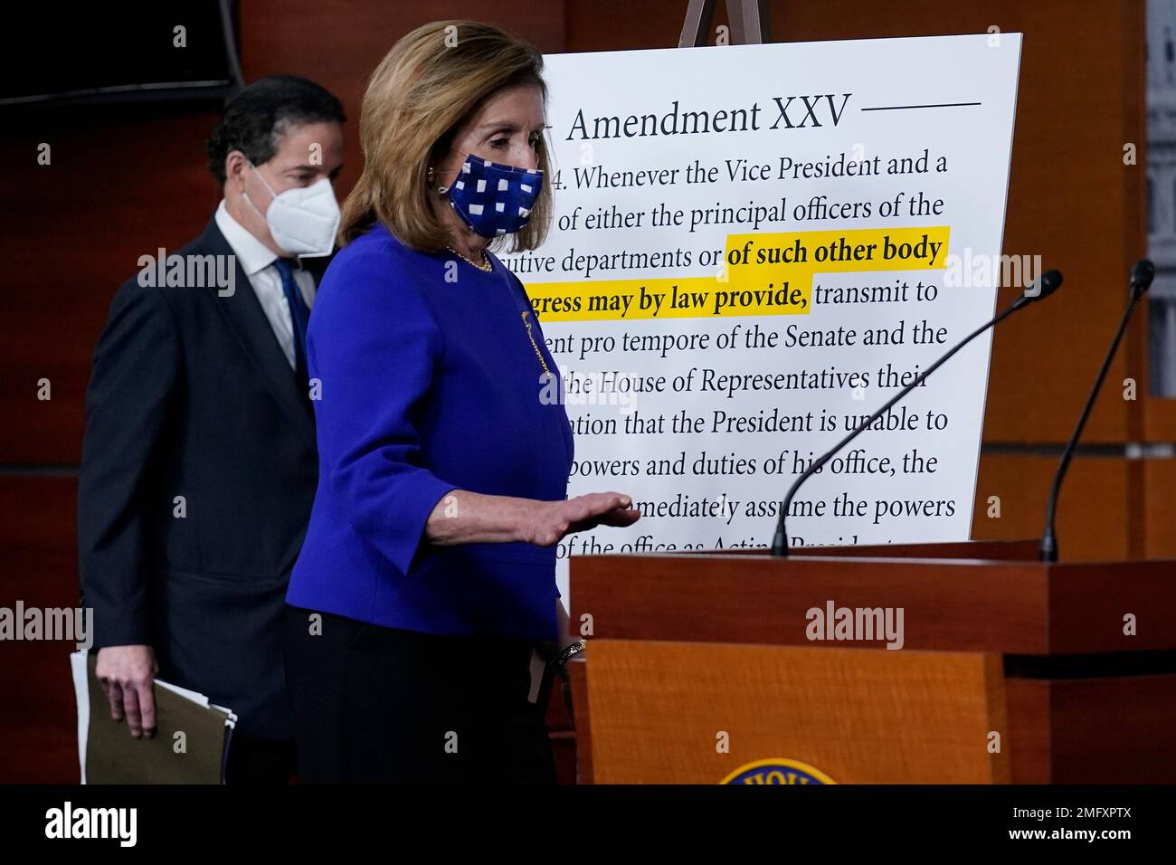 Speaker of the House Nancy Pelosi, D-Calif., arrives with Rep. Jamie Raskin, D-Md., for a news ...