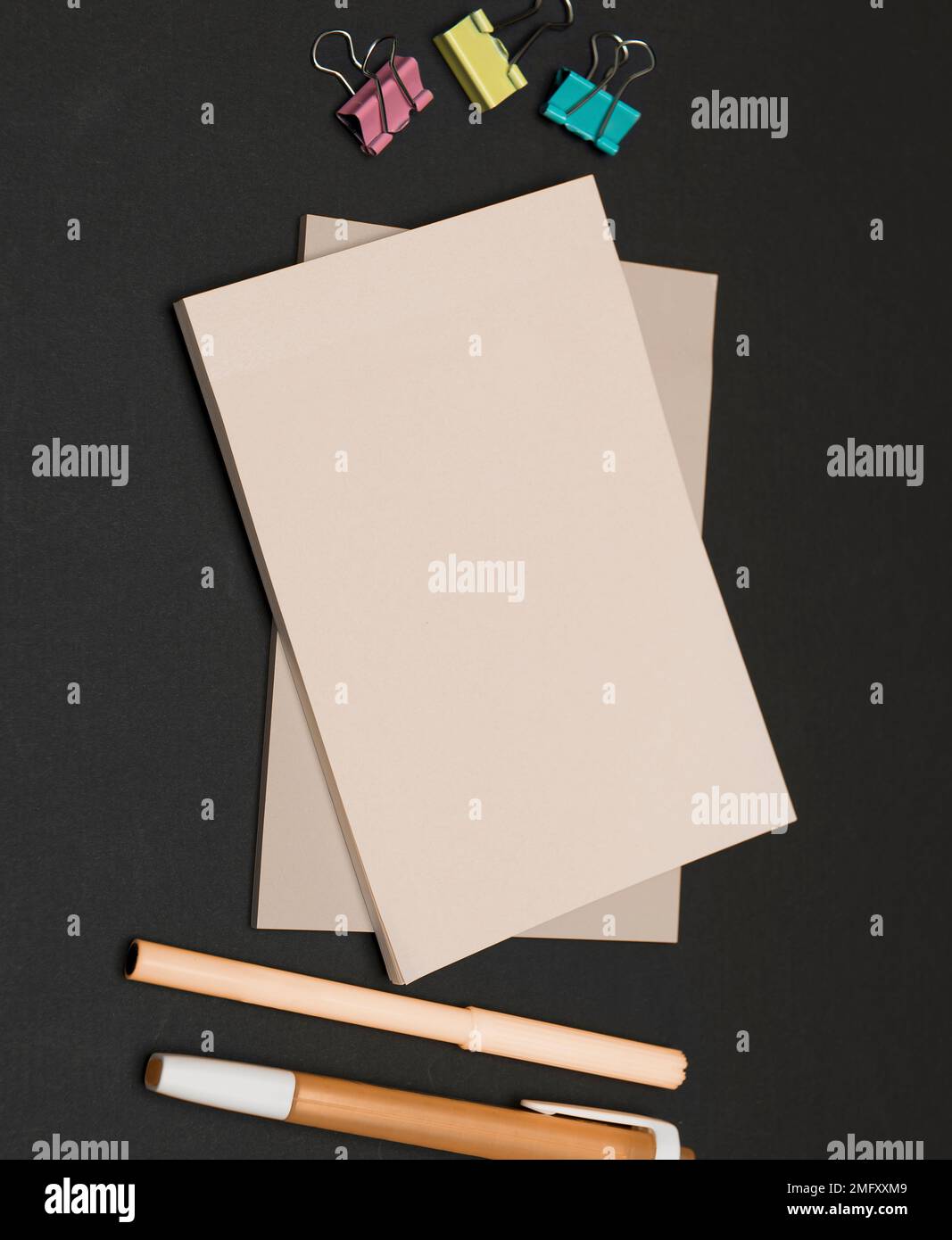 Image with school supplies, colored stickers, notebooks. Pens, pencils ...