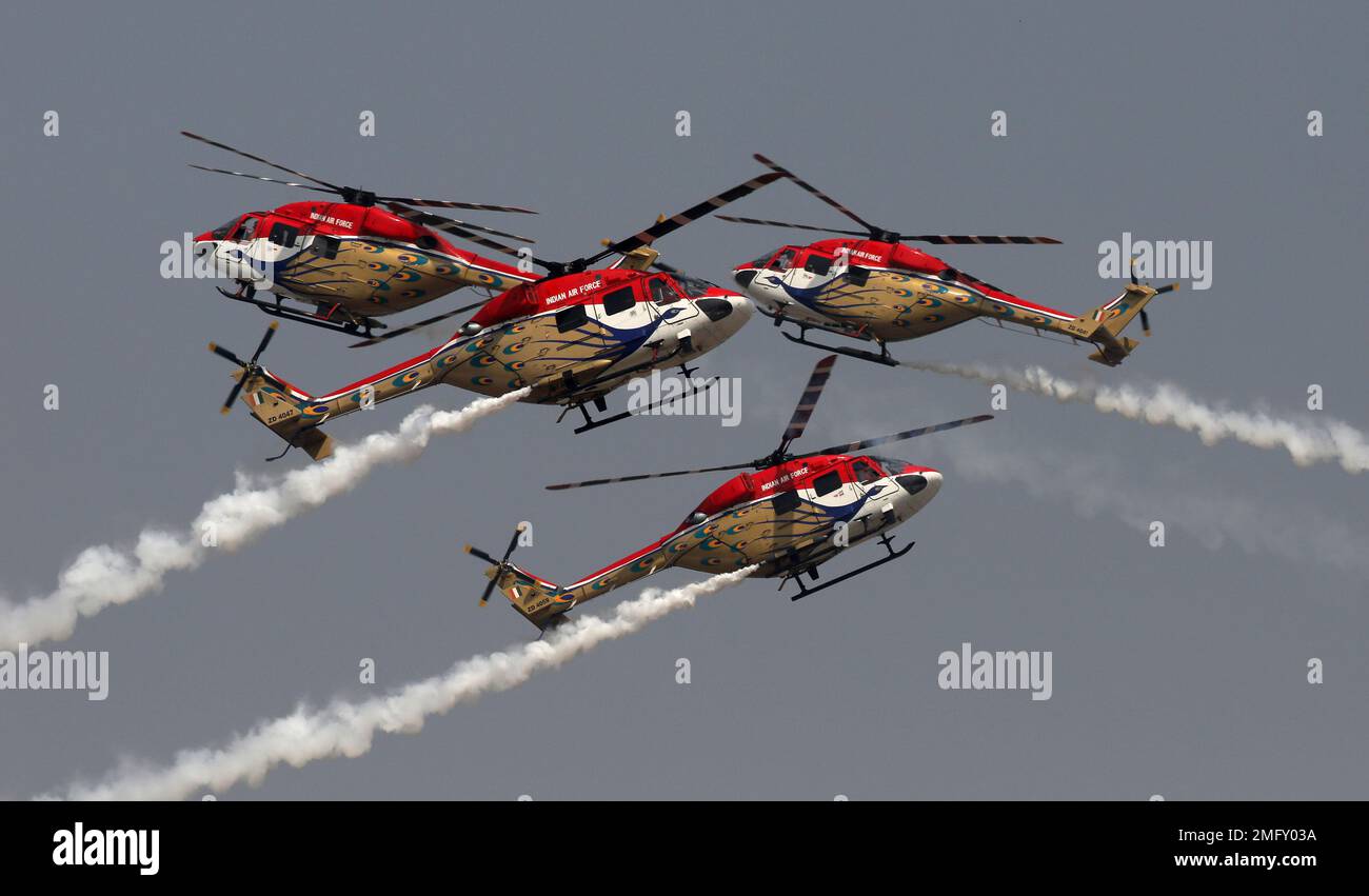 Indian Air Force Saranng helicopters display their skills during Air ...