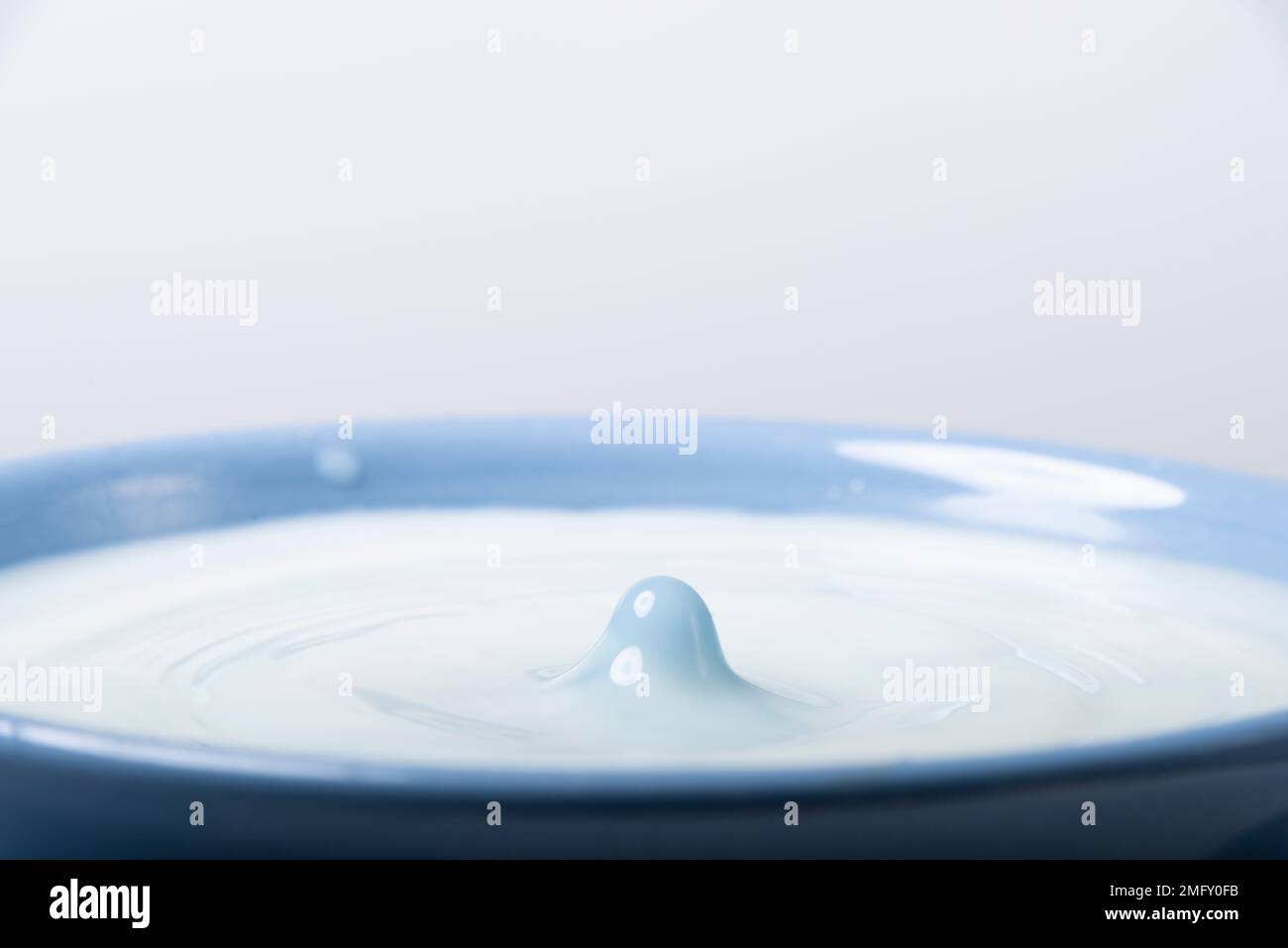 Color fresh blue milk drops into white milk in cup with light white ...