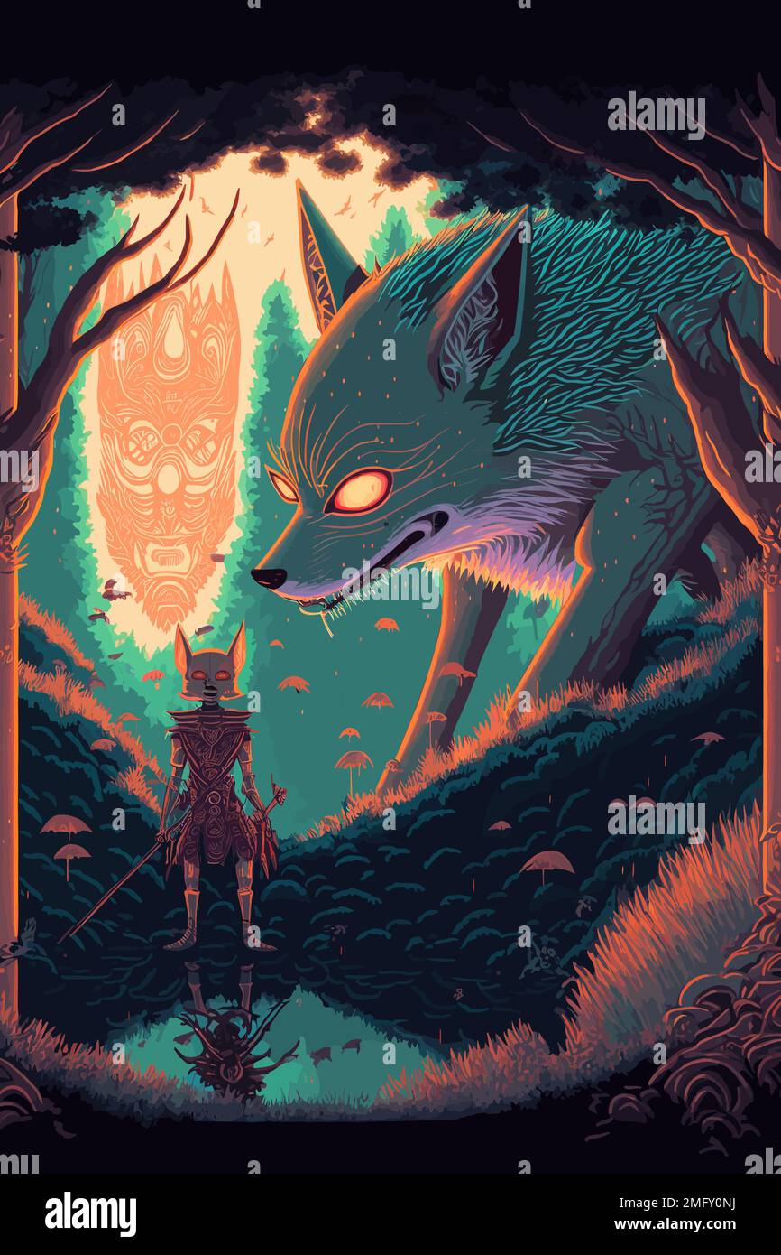A vector illustration of a demon fox wolf attacking a mysterious ...