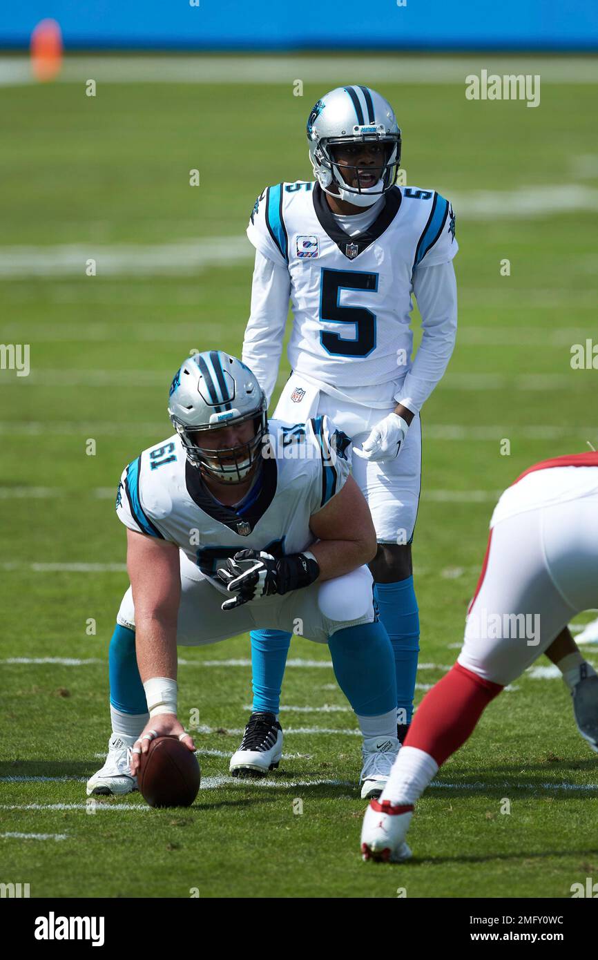 Carolina Panthers quarterback Teddy Bridgewater (5) lines up behind ...