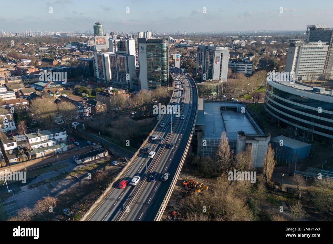 Aerial view of the M4 motorway in Brentford, West London, UK looking ...