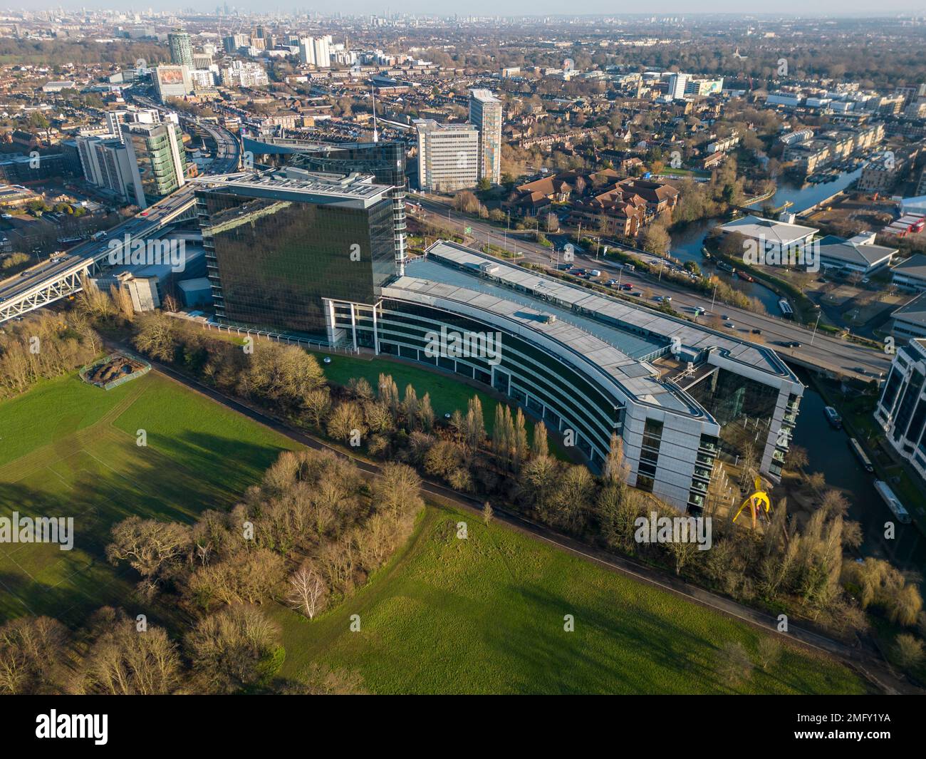 Aerial view of the GSK Head Office building in Brentford, West London ...
