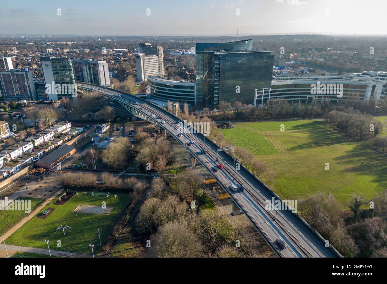 Aerial view of the M4 motorway in Brentford, West London, UK looking ...