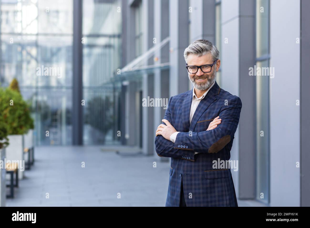 Portrait of mature gray-haired businessman, senior boss smiling and ...