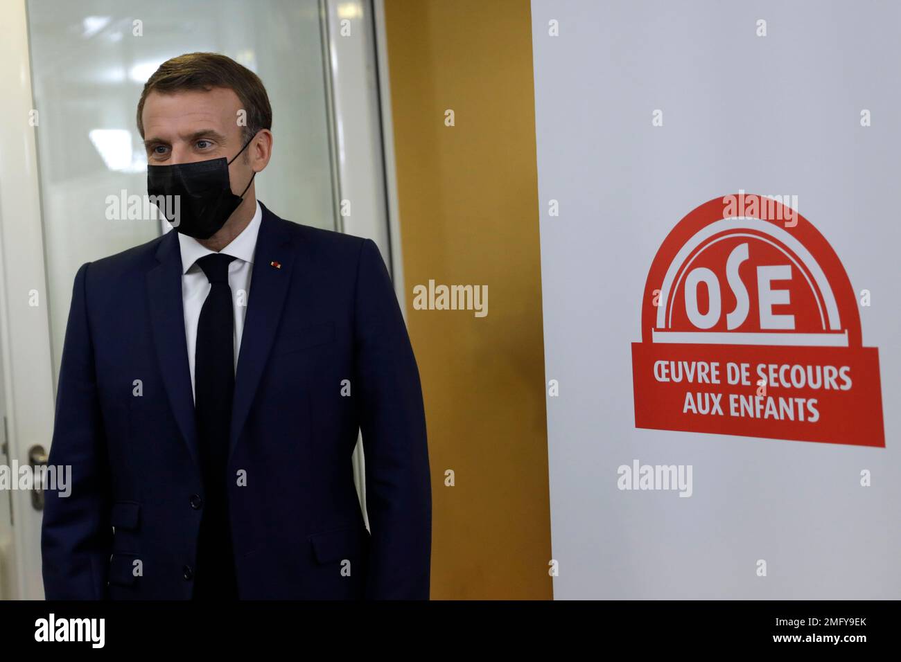 French President Emmanuel Macron arrives to meet volunteers of the ...