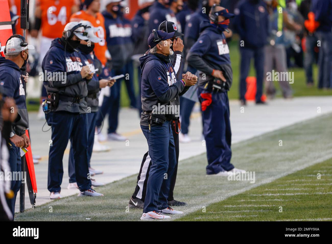 Chicago Bears defensive coordinator Chuck Pagano yells from the ...