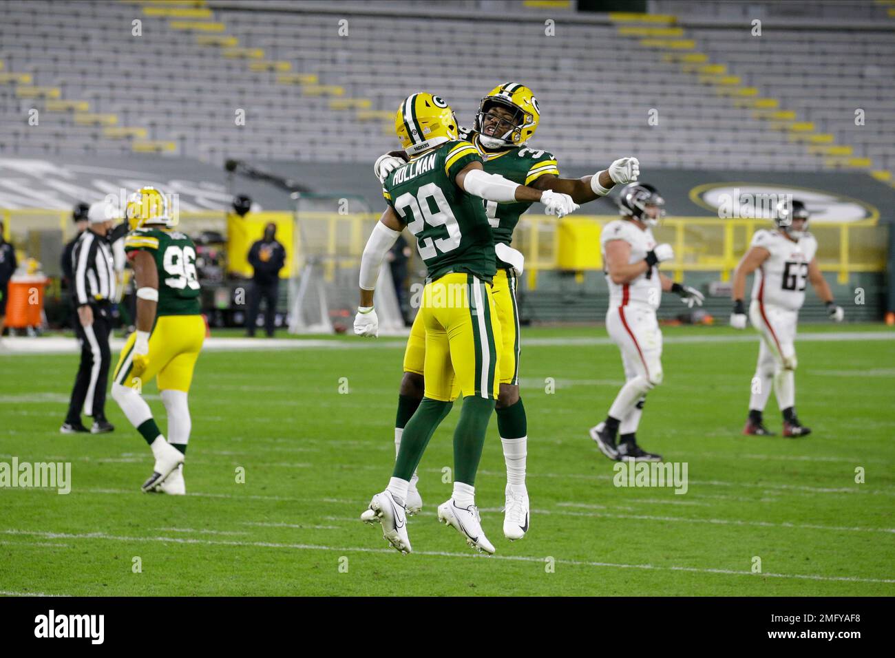 Green Bay Packers' Ka'dar Hollman (29 and Adrian Amos (31) celebrates ...