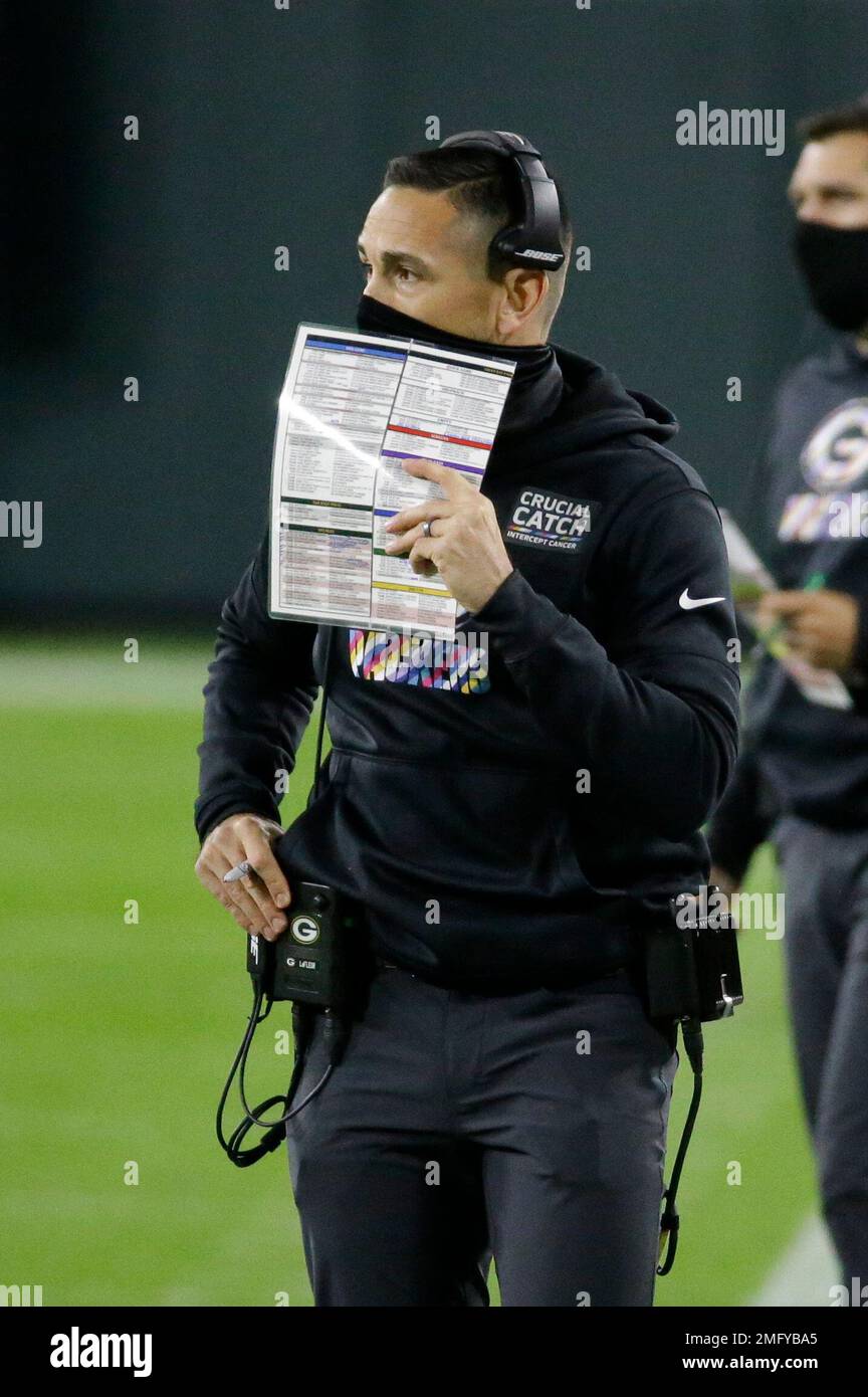 Green Bay Packers head coach Matt LaFleur watches the first half of an ...