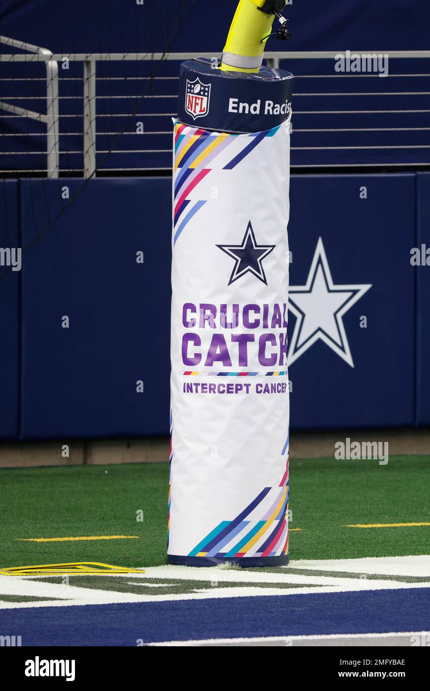 A end zone goal post is wrapped with a "Crucial Catch" logo at AT&T ...