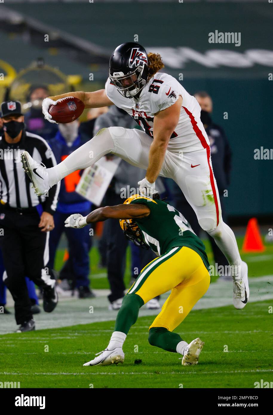 Atlanta Falcons tight end Hayden Hurst (81) leaps over Green Bay ...
