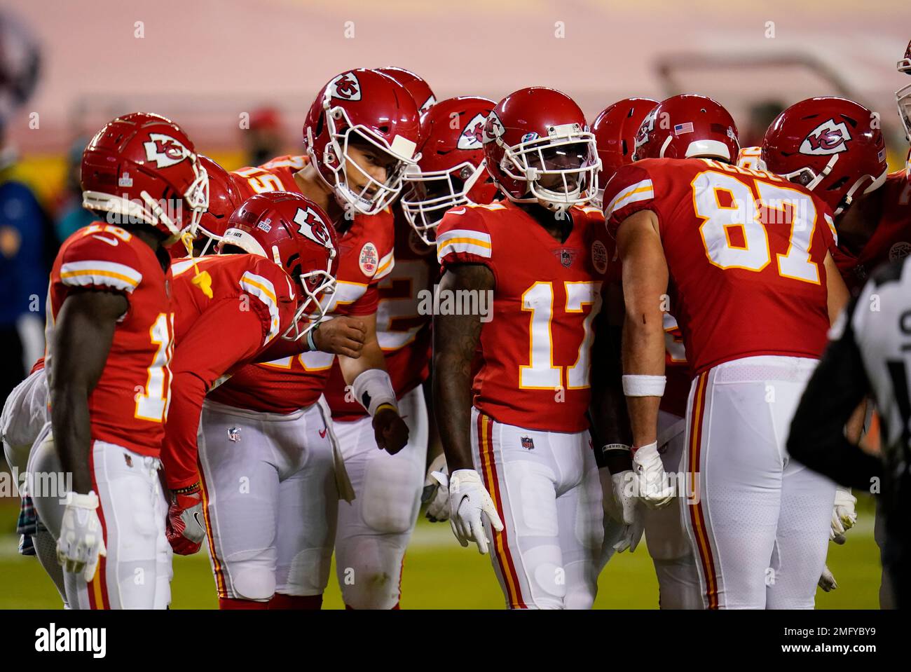 Kansas City Chiefs players huddle during the second half of an NFL ...