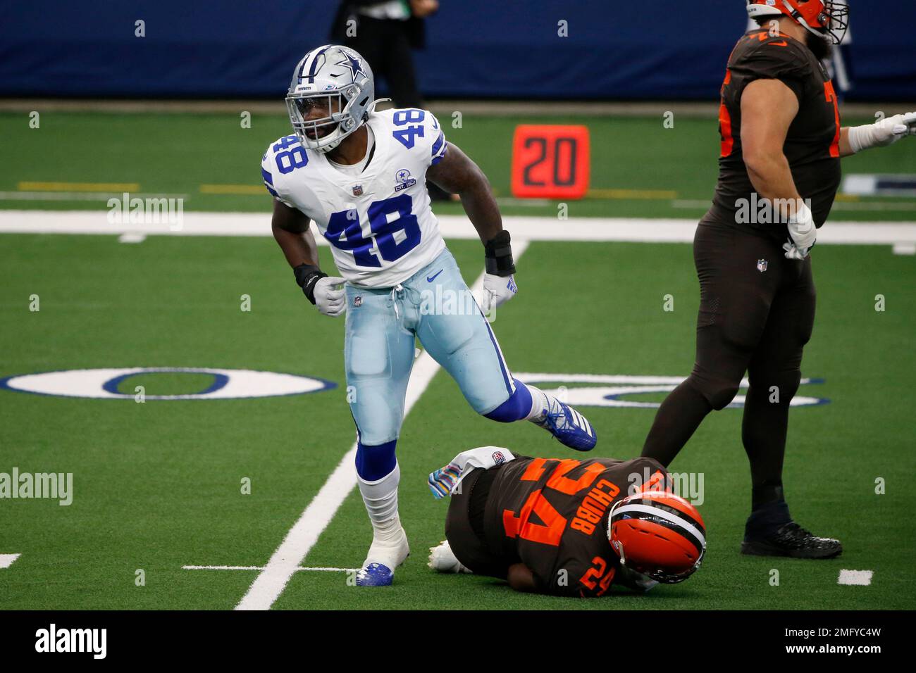 Dallas Cowboys linebacker Joe Thomas (48) reacts after a tackle of ...