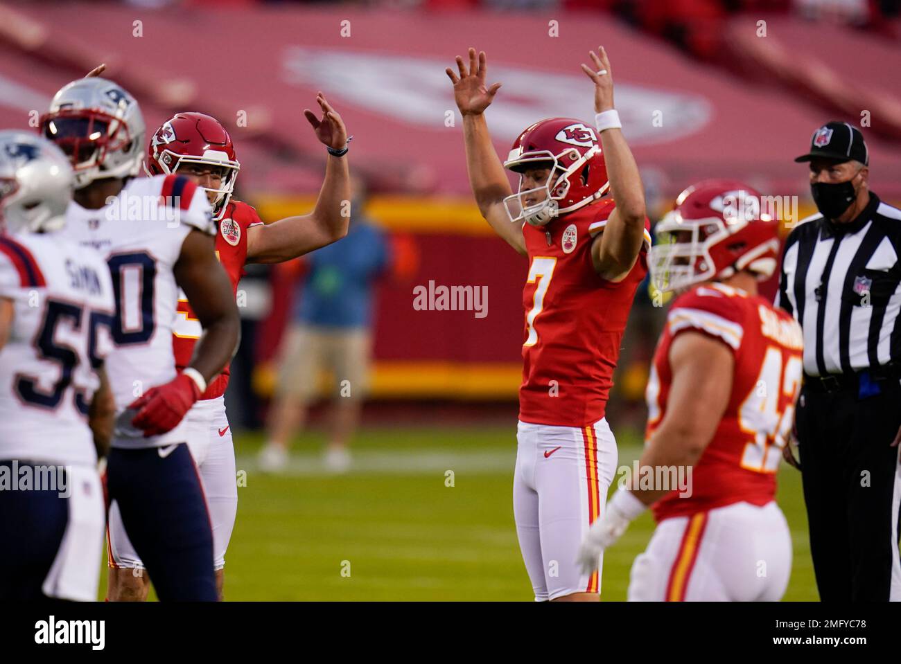 Kansas City Chiefs place kicker Harrison Butker (7) celebrates after ...