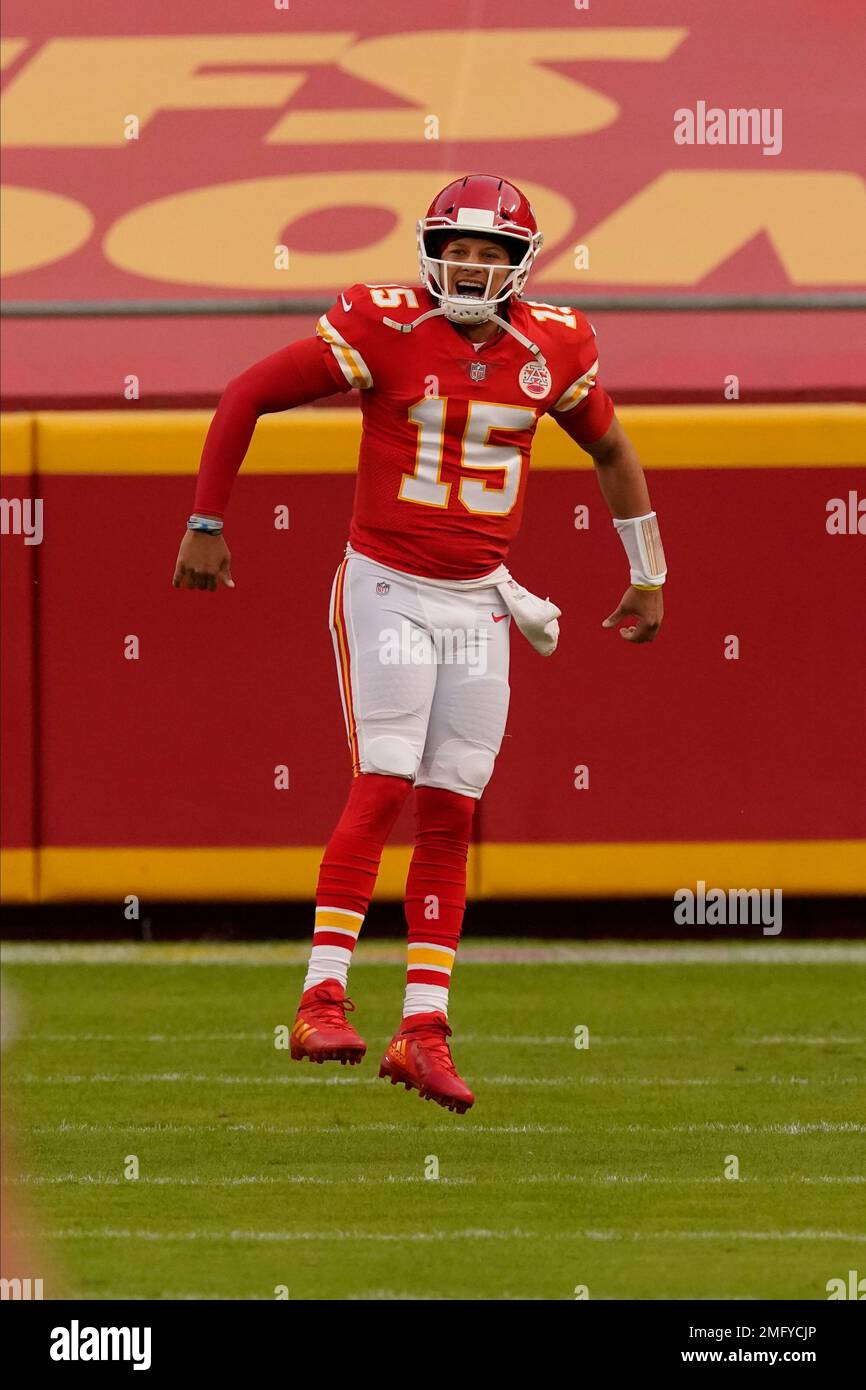 Kansas City Chiefs quarterback Patrick Mahomes reacts before an NFL ...