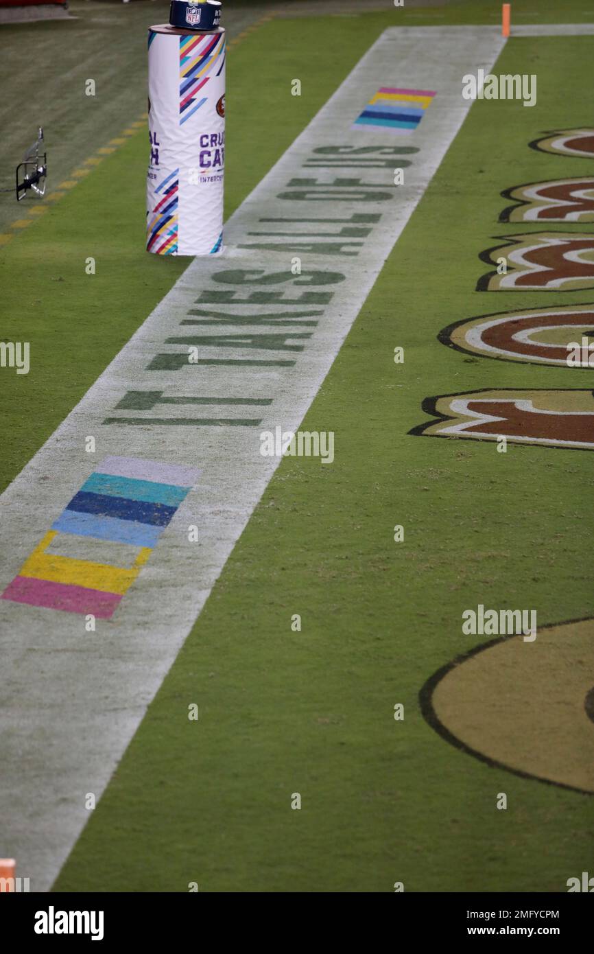 A Crucial Catch sign is seen on the field at Levi's Stadium between the ...