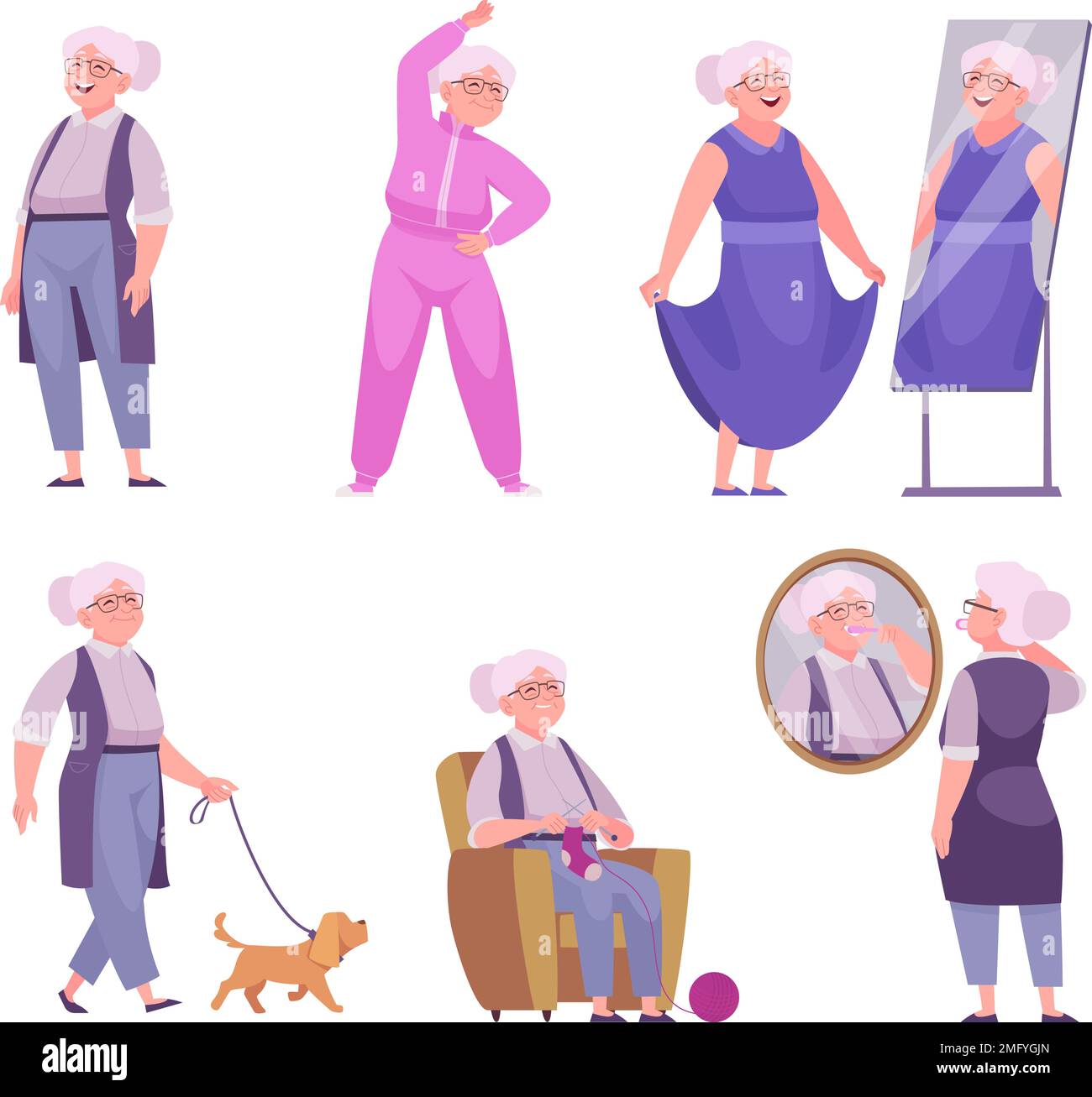 Elderly woman. Pensioner female person in action poses daily activity ...