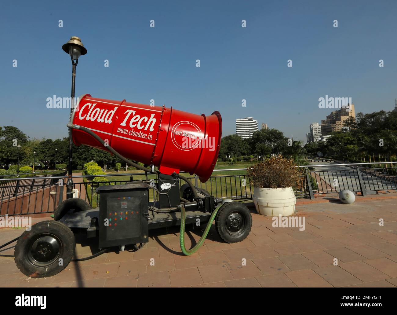 An anti-smog gun is kept at the Central Park in New Delhi, India ...