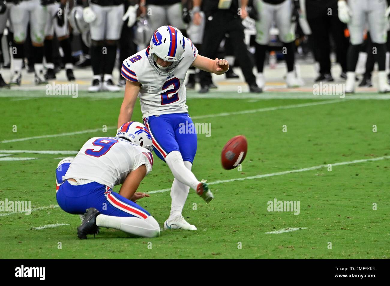 Buffalo Bills kicker Tyler Bass (2) misses an extra point against the ...