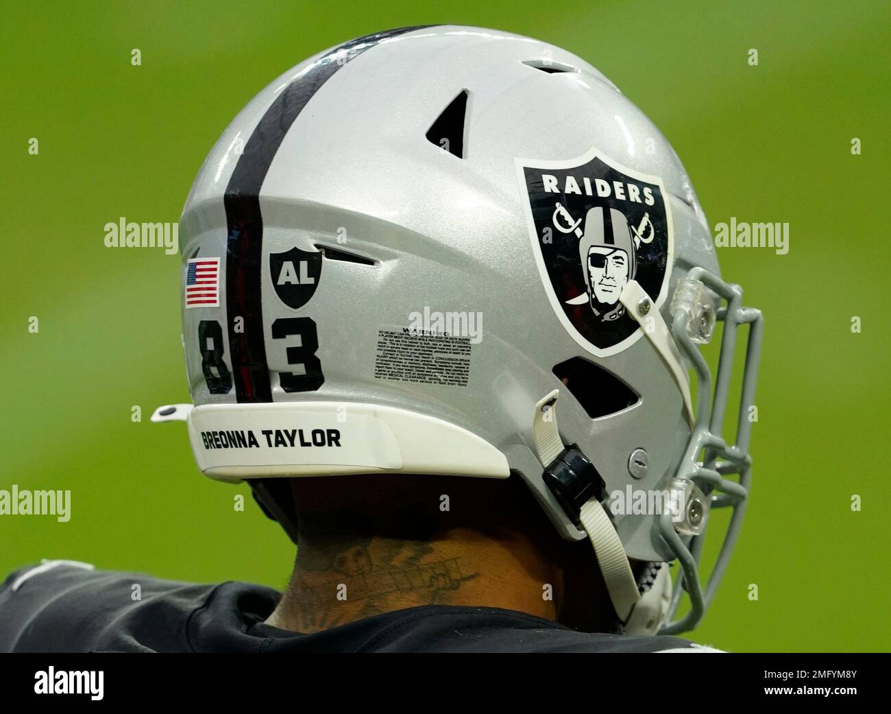 A detail view of the helmet of Las Vegas Raiders tight end Darren ...